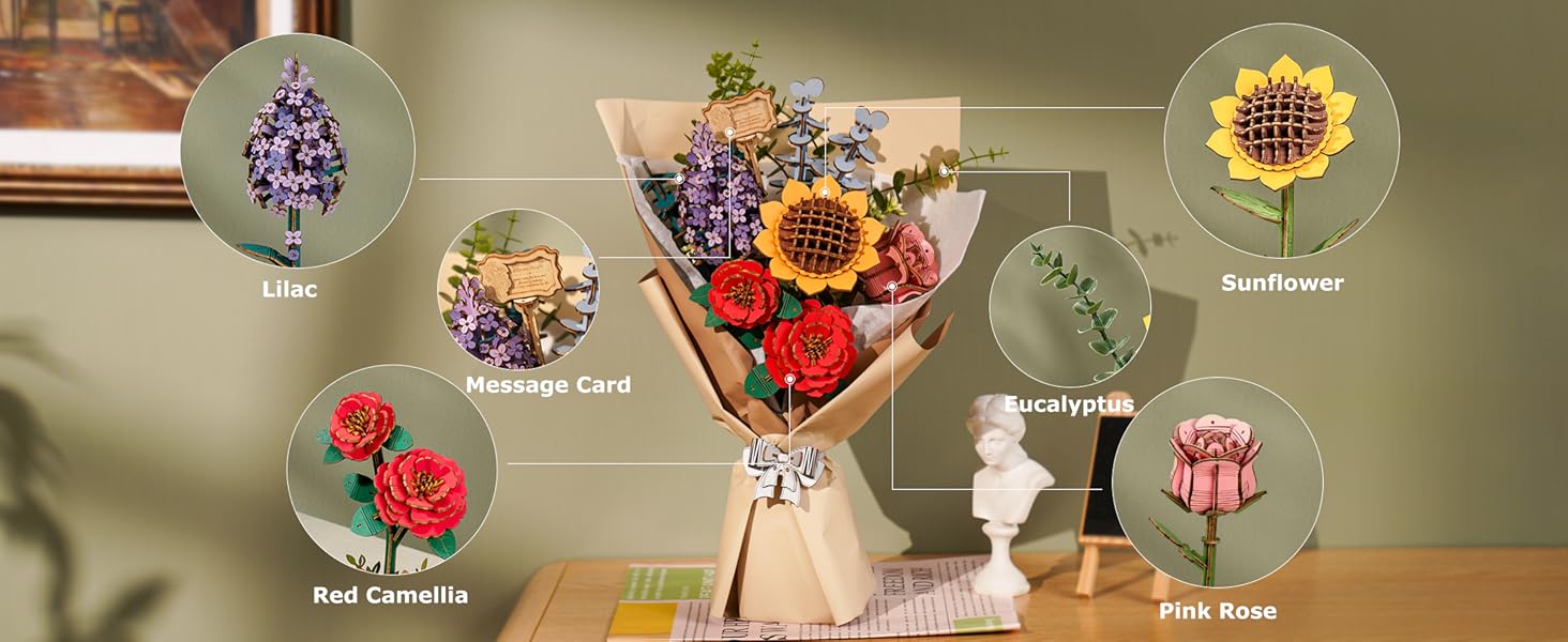 Amazon.com: Rowood Artifical Flowers,Wooden Flower Bouquet Building Sets for Adults,Botanical ...