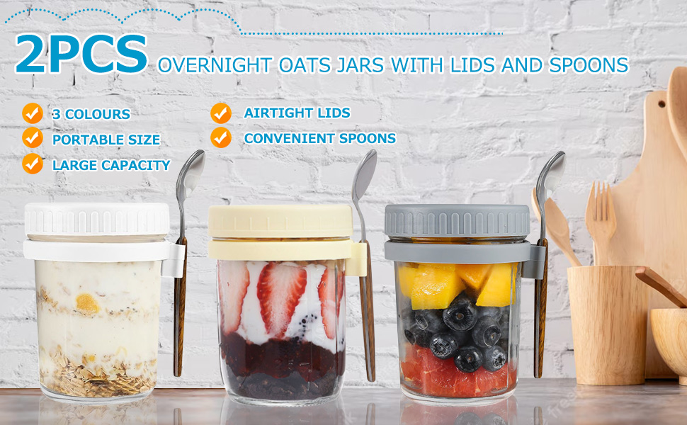 Jogoico Overnight Oats Jars 2pcs Overnight Oats Containers with Lid & Spoon, 12 oz Glass Mason ...