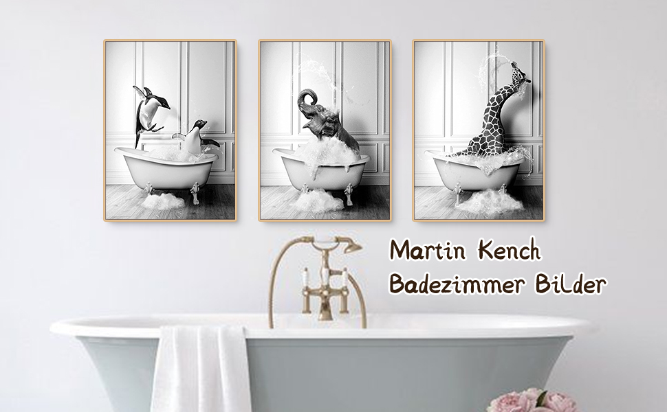 Amazon.de: Martin Kench 4er Schwarz-Weiß Poster Set, Badezimmer Bilder Tiere in der Badewanne ...