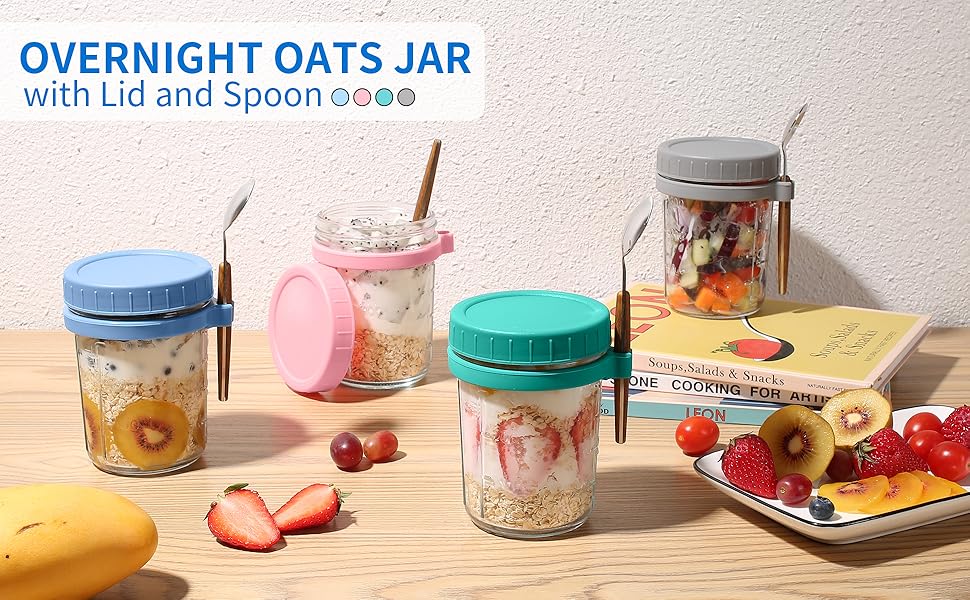 Overnight Oats Containers with lids and Spoons: 16 oz Mason Jars for Overnight Oats - 4 Pack ...