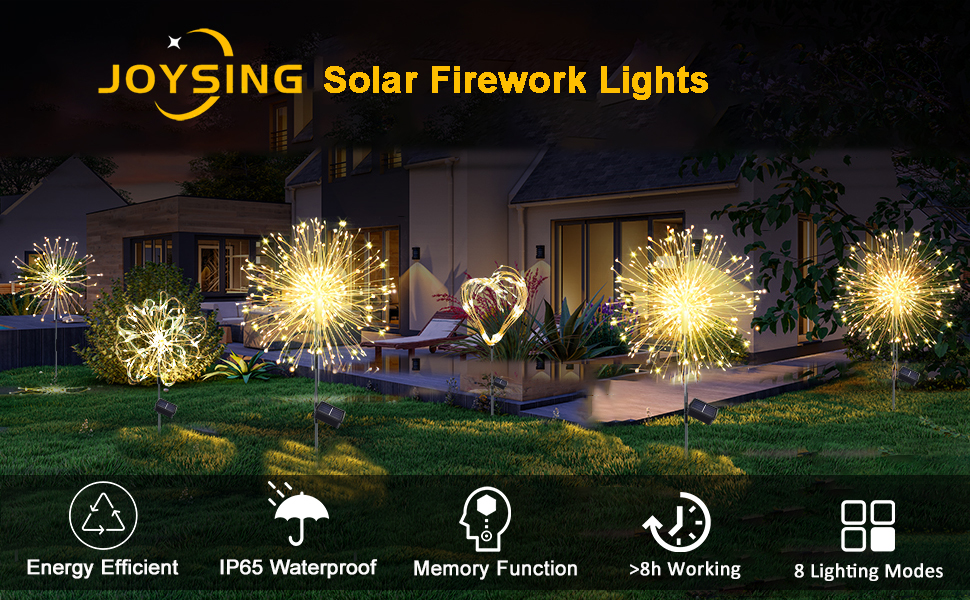 Joysing Solar Firework Lights 2 Pack 120 LED Solar Lights Outdoor Garden, 8 Modes Solar ...