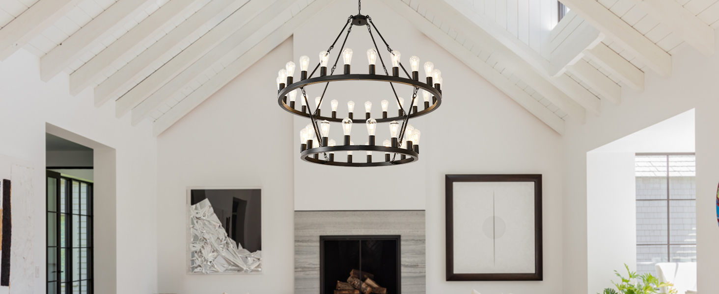 NILSE 2-Tier 48" Black Wagon Wheel Chandelier, 40-Light Extra Large ...