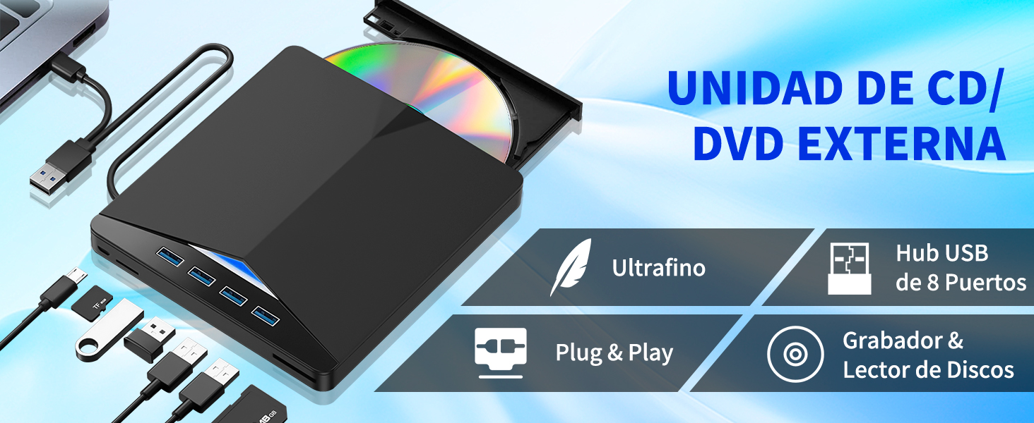 Unidad de CD/DVD Externa, Lector/Grabador de CD/DVD Ultra Delgado USB 3.0 con 4 Puertos USB y 2 ...