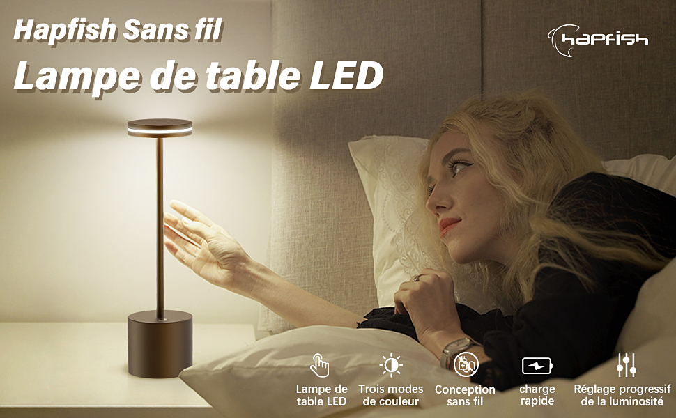 Hapfish Lampe de chevet tactile sans fil LED, 5000mAh 2 PCS lampe de table rechargeable usb ...