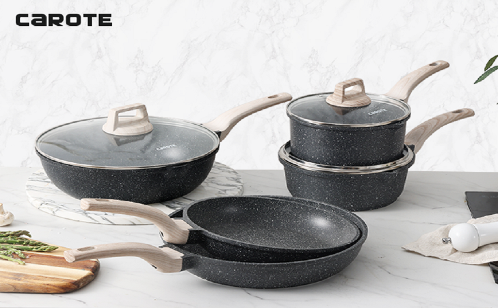 CAROTE 21pcs Pots and Pans Set Nonstick, Cookware Set Black Granite Induction Kitchen Cooking ...