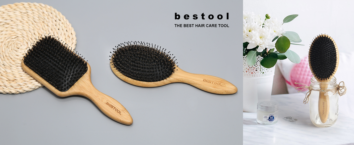 Amazon.com : BESTOOL Hair Brush-Boar Bristle Hair Brushes Natural Bamboo Wooden Cushion Massage ...