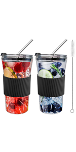 Amazon.com: 6 PCS Glass Cups with Bamboo Lids and Straws, Reusable Wide ...