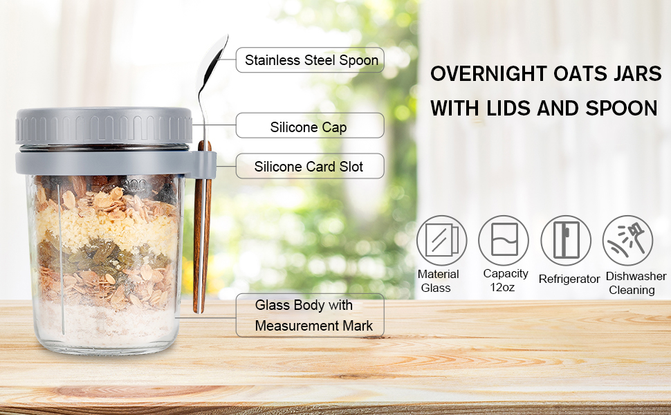 EthCat 4 Pack Overnight Oats Containers with Lids and Spoons, Overnight Oats Jars, 12 oz Mason ...