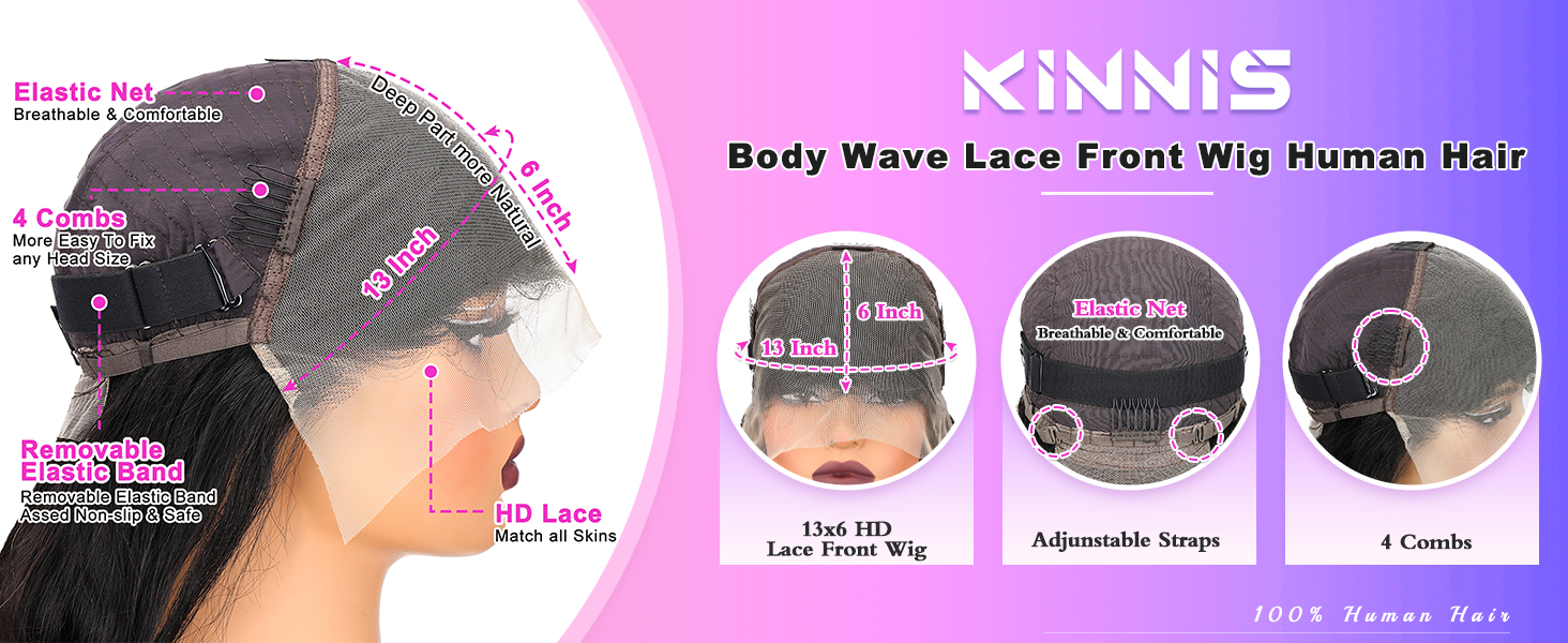 Amazon.com : KINNIS Body Wave Lace Front Wigs Pre Plucked 200% Density 13x6 HD Transparent ...