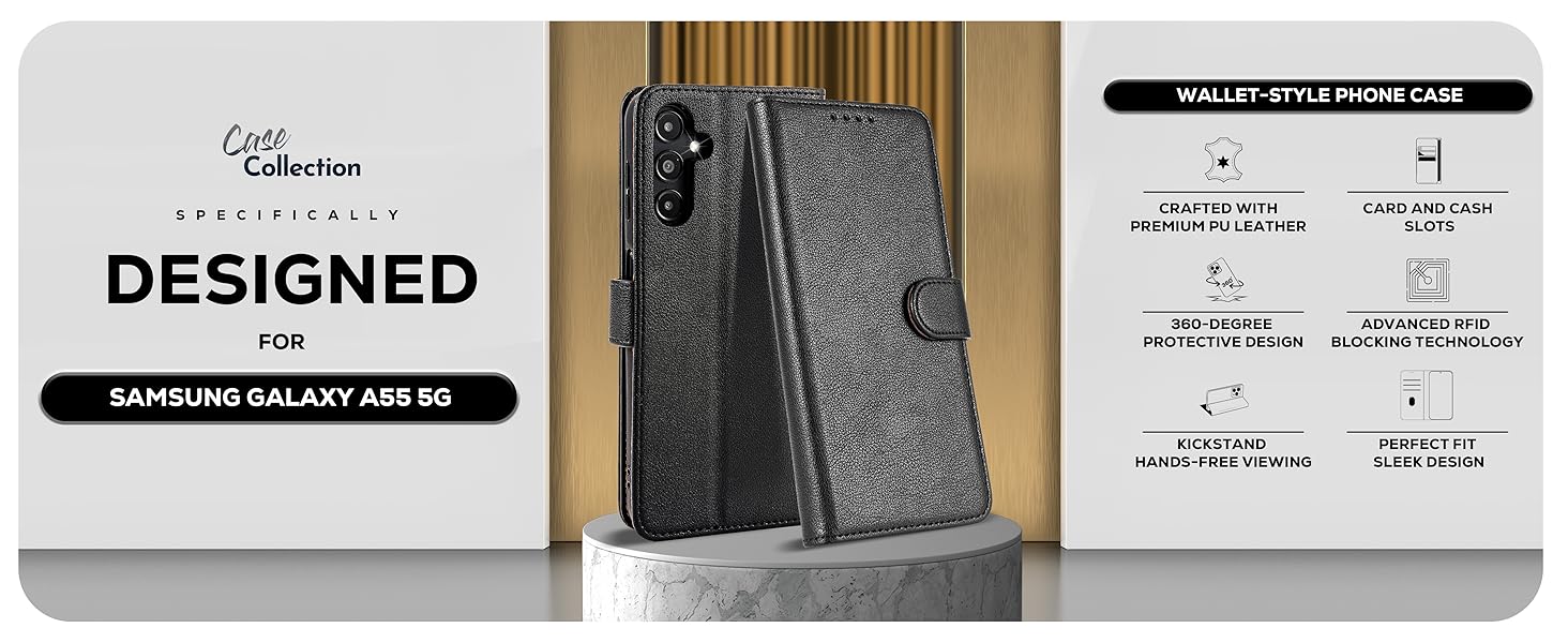 Case Collection for Samsung A55 5G Phone Case - Leather Folio Flip Cover with Card Slots [RFID ...