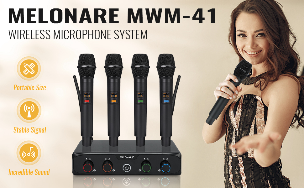 MELONARE 4-Channel Wireless Microphone System, UHF Compact Cordless Mic Set w/ 4x10 Frequencies ...