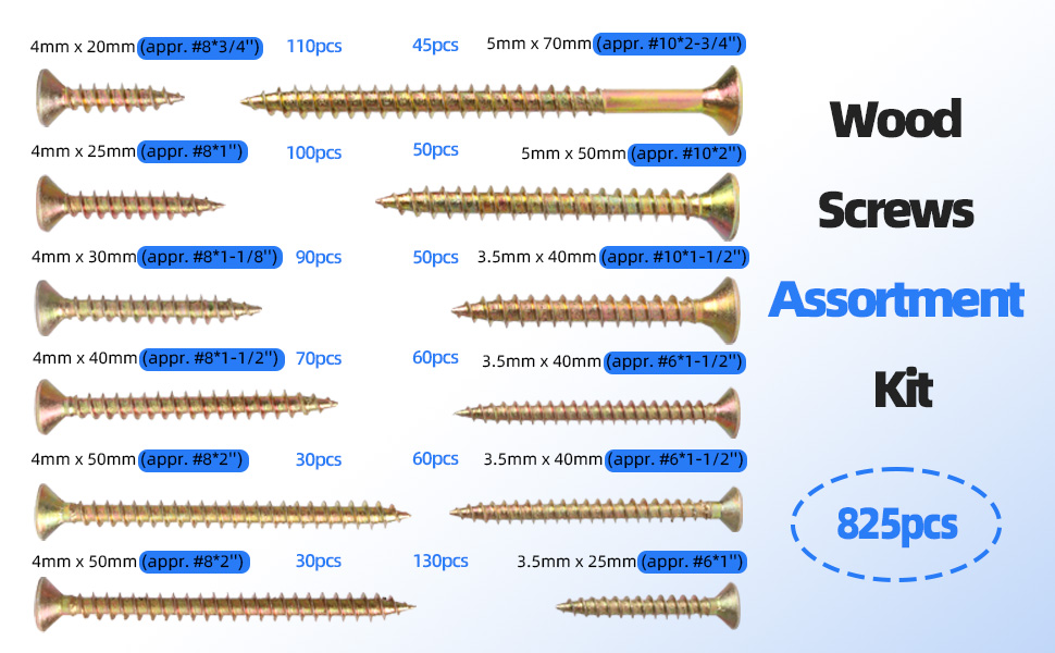 825PCS Wood Screws Assortment Kit 10 Sizes, #6#8#10 Wood Screws (1'',1-1/2'',3/4'',1-1/8'',2'',2 ...