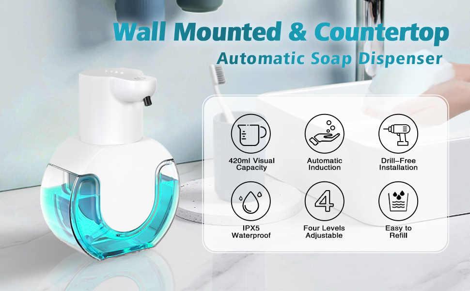 Beality Automatic Hand Soap Dispenser Touchless, 420ML Adjustable Foaming Soap Dispenser USB ...