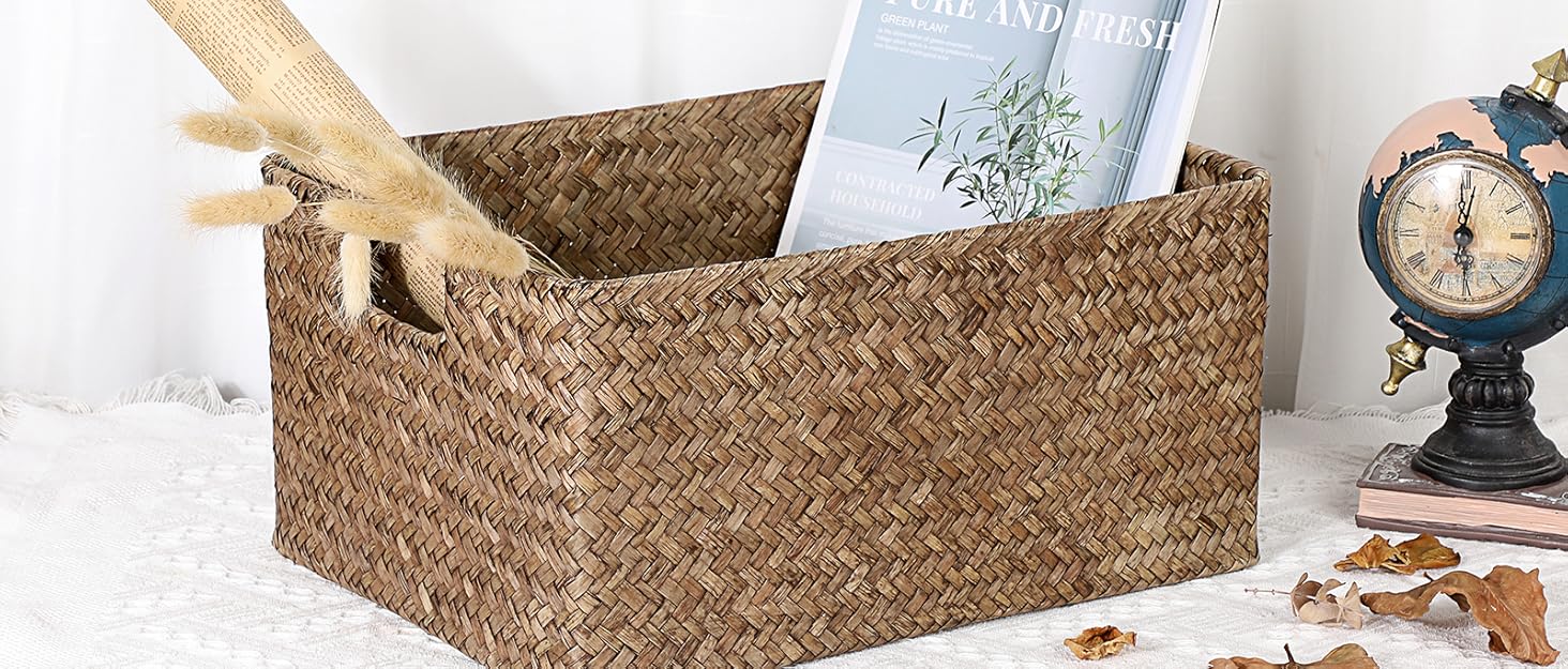 IGNPION Seagrass Storage Basket with Lid Woven Seagrass Rectangular ...