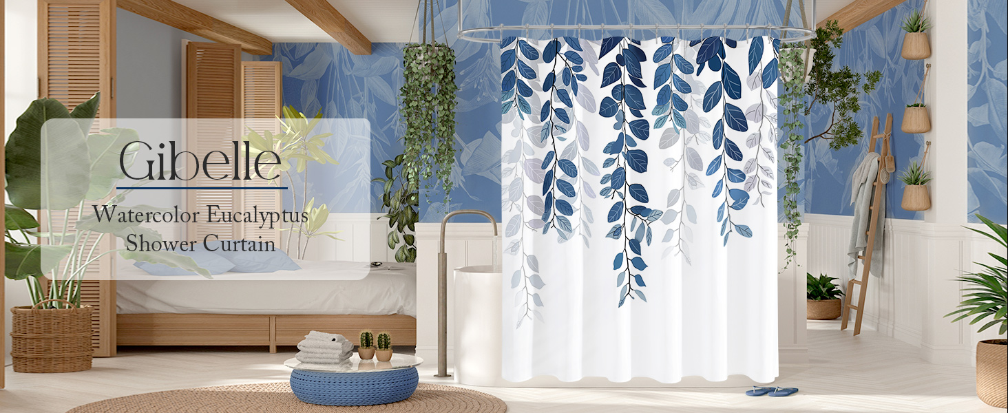 Amazon.com: Gibelle Extra Long Shower Curtain 72 x 84, Tall Navy Blue Eucalyptus Fabric Shower ...