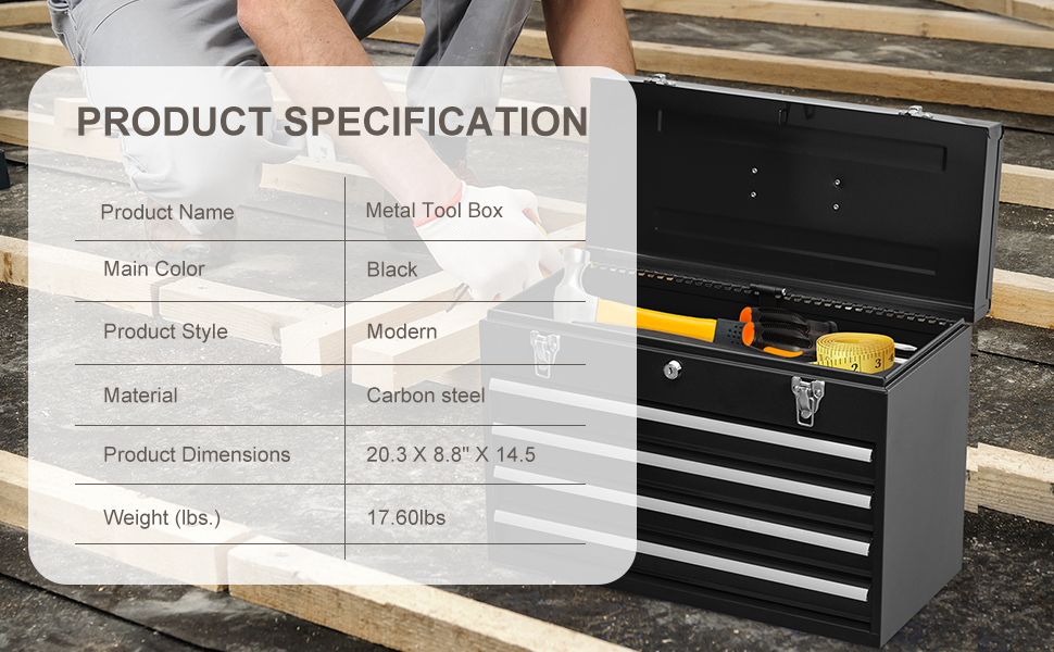 24" Portable Tool Box, 4 Drawers & Top Storage Tray Tool Box with Drawers, Lockable Metal Tool ...