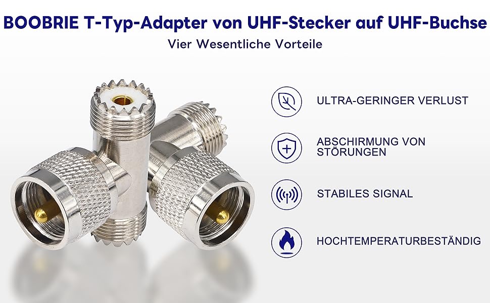 Boobrie UHF Triple T Form Adapter UHF PL-259 Stecker auf Dual UHF Buchse SO239-Buchse 3-Wege ...
