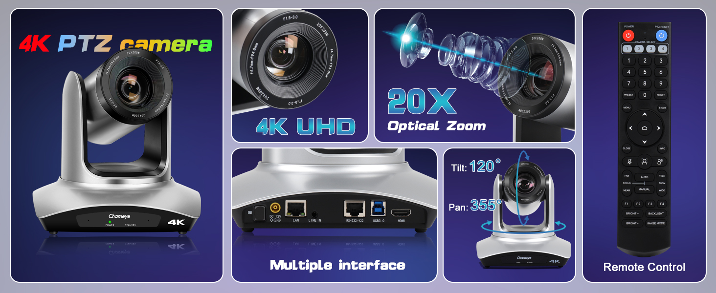 Chameye PTZ Camera 4K HDMI, 20X Optical Zoom, USB3.0/HDMI/IP/PoE, Video ...
