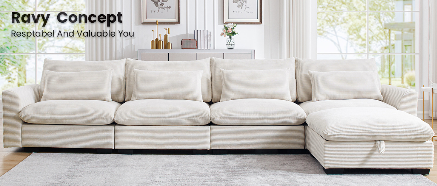 Amazon.com: Ravy Concept Sectional Sofa 3 Seater with Movable 1 Ottoman,Oversized Modular Couch ...