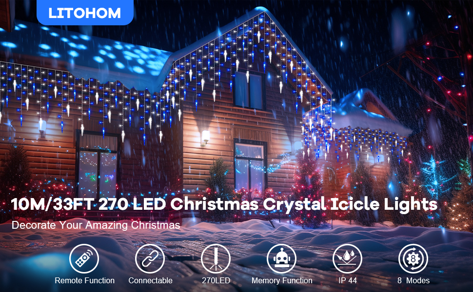 Icicle Outdoor Christmas Lights,10M/33FT 270 LED Icicle Lights with 45 ...