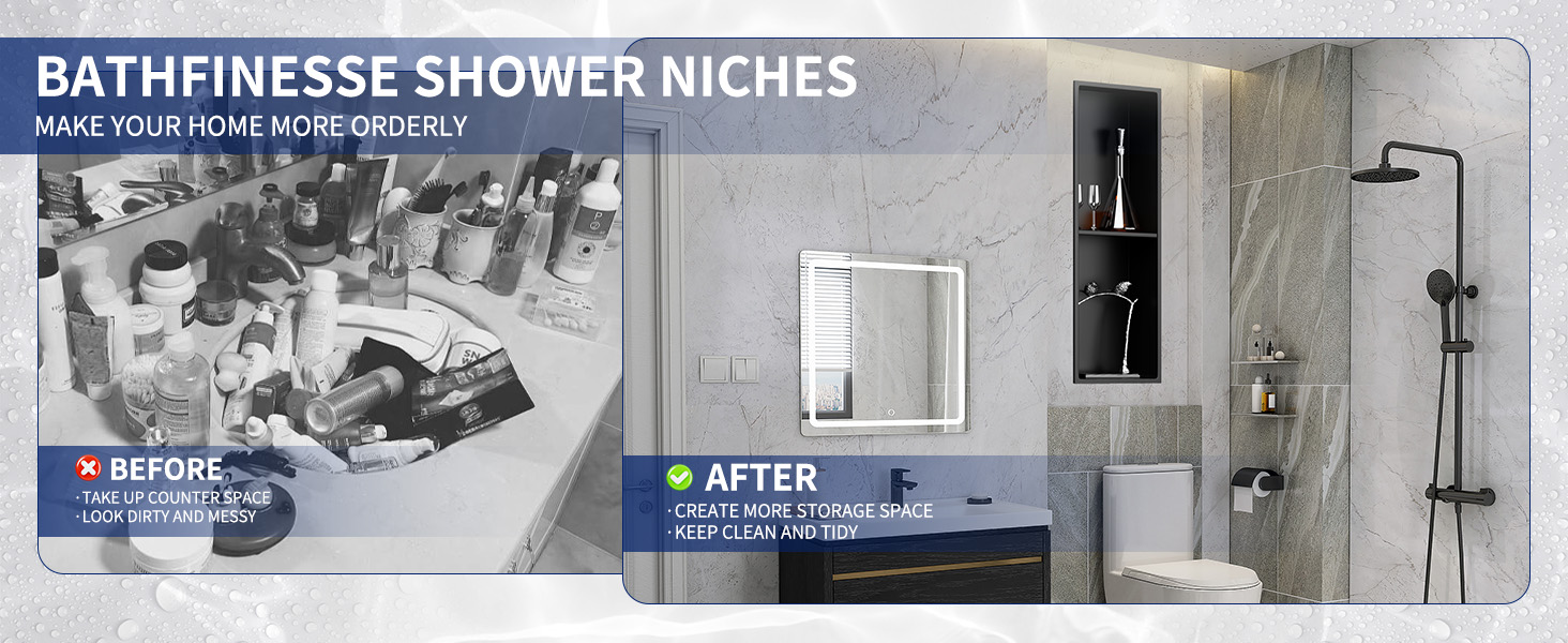 BATHFINESSE Shower Niche 9" X 25" Black, Shower Caddies, Wall Niche Double Shelves, Shower Niche ...