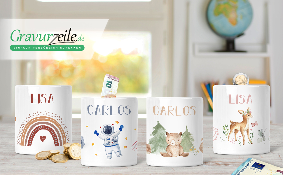Amazon.de: GRAVURZEILE Spardose für Kinder - im Baby Elefant Design - Personalisiert mit Name ...