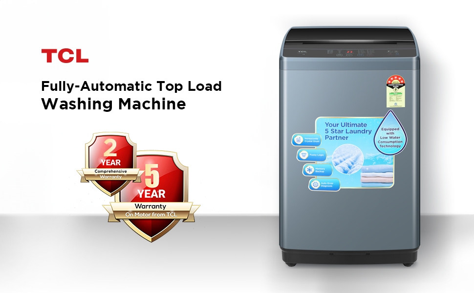 TCL 7 kg, 5 Star, Fuzzy Logic, Honeycomb Crystal Drum Fully-Automatic Top Load Washing Machine ...