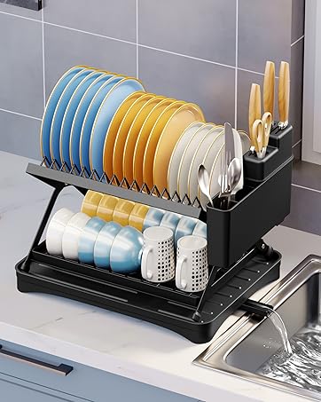 Dish Drying Rack with Drain Board Set,GAOKASE 2 Tier Dish Drainer Rack for Kitchen Countertop ...