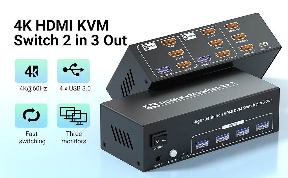 4K/60Hz HDMI KVM Switch 2 Computers 3 Monitors, HDMI KVM Switcher 2 in ...