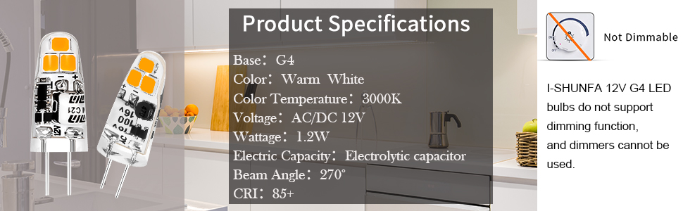 I-SHUNFA 12V G4 LED Bulb,1.2W AC/DC 120LM Warm White 3000K Equivalent to 15W/20W Halogen Lamps ...