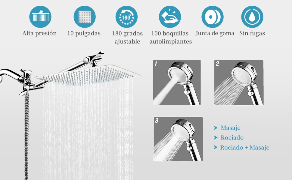 Regaderas para Baño,Regadera Cuadrada 10'' Y Ducha De Mano 2 Pack, Lluvia de Alta Presión Acero ...