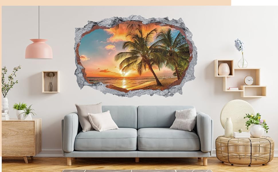 HPNIUB XL 3D Wandtattoo Sonnenuntergang,Landschaft Wandtattoo für Wohnzimmer,Wandsticker Meer ...