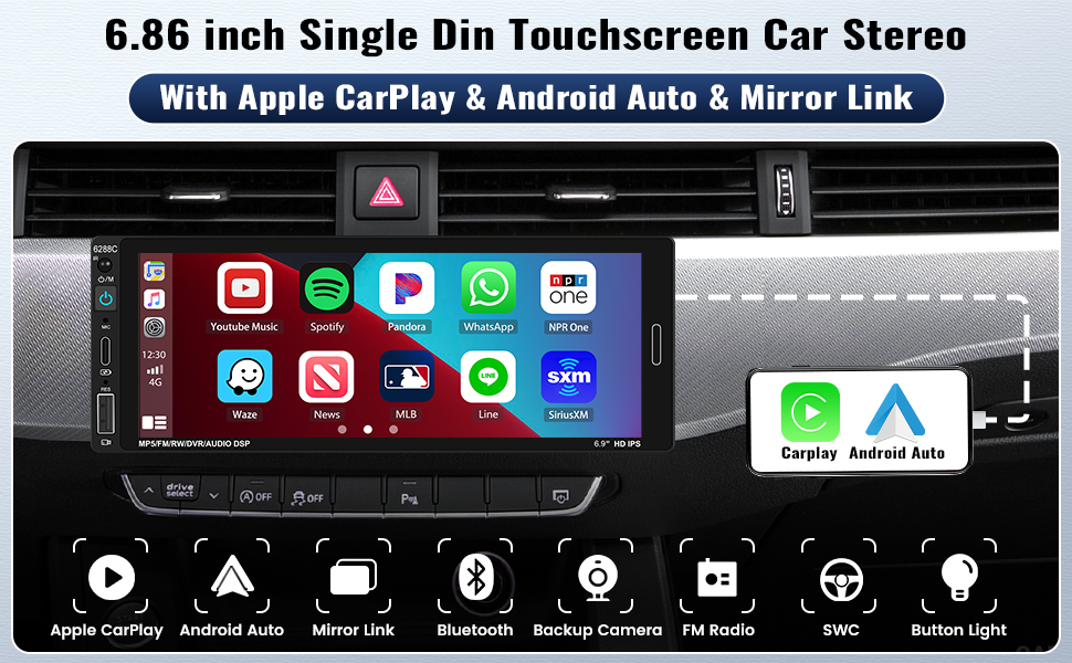 Autoradio Bluetooth 1 Din avec Apple Carplay Android Auto, 6,86 Pouces Écran Tactile Lecteur MP5 ...