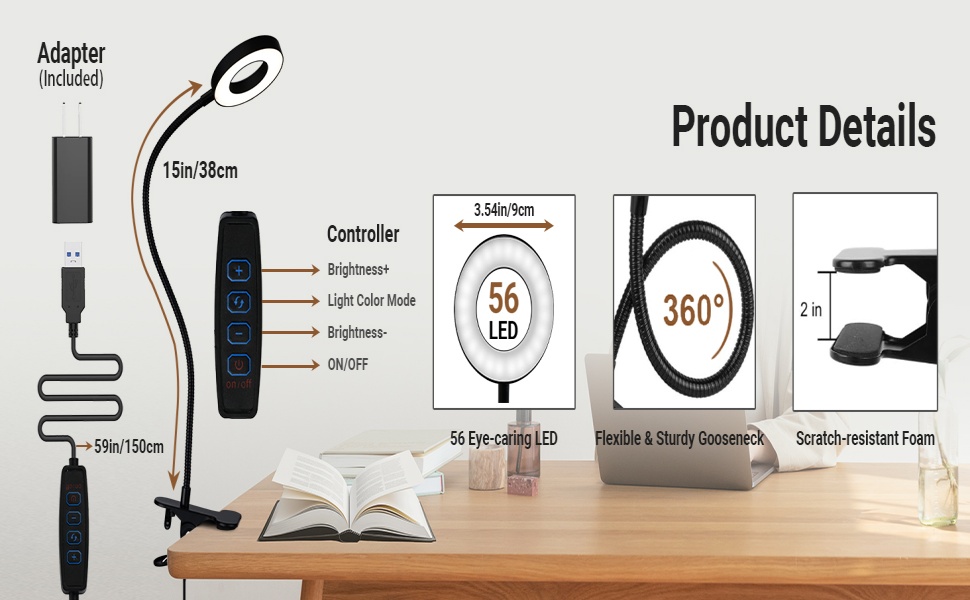 Dimmable Clip on Lamp for Reading - 10 Brightness Levels & 3 Modes ...