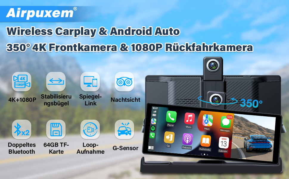 4K Carplay Display mit 350° Drehen Dashcam Auto Vorne, 10,26 Zoll ...