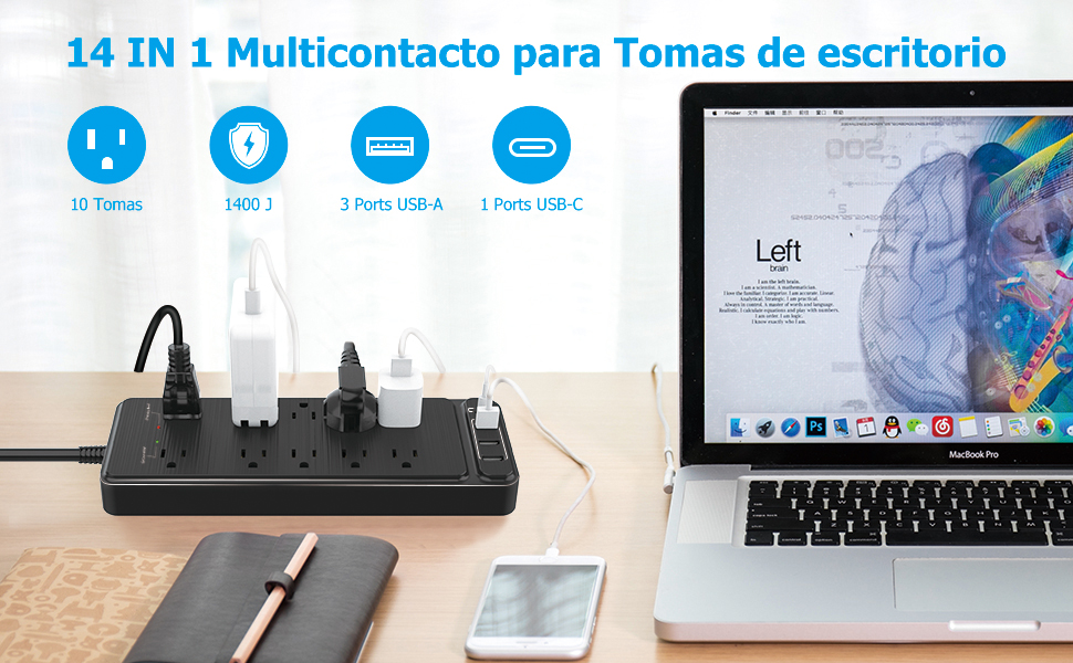 NVEESHOX Regleta Multicontacto USB C, Extension Electrica de 2.5M, Regleta con 10 Salidas, 3 ...