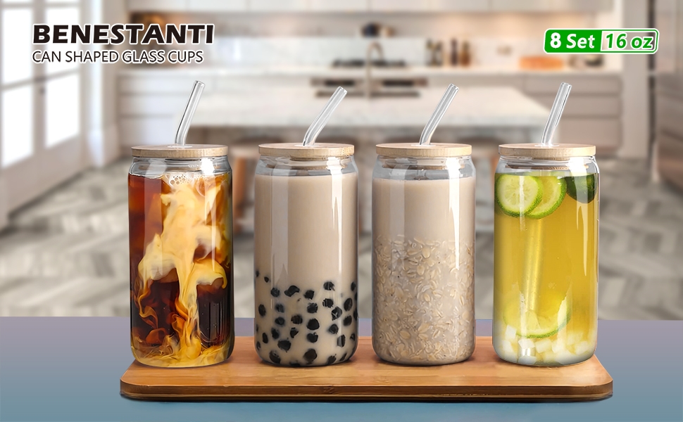 Amazon.com | 8 Pcs Glass Cups with Bamboo Lids and Straw,16 OZ Beer Can ...