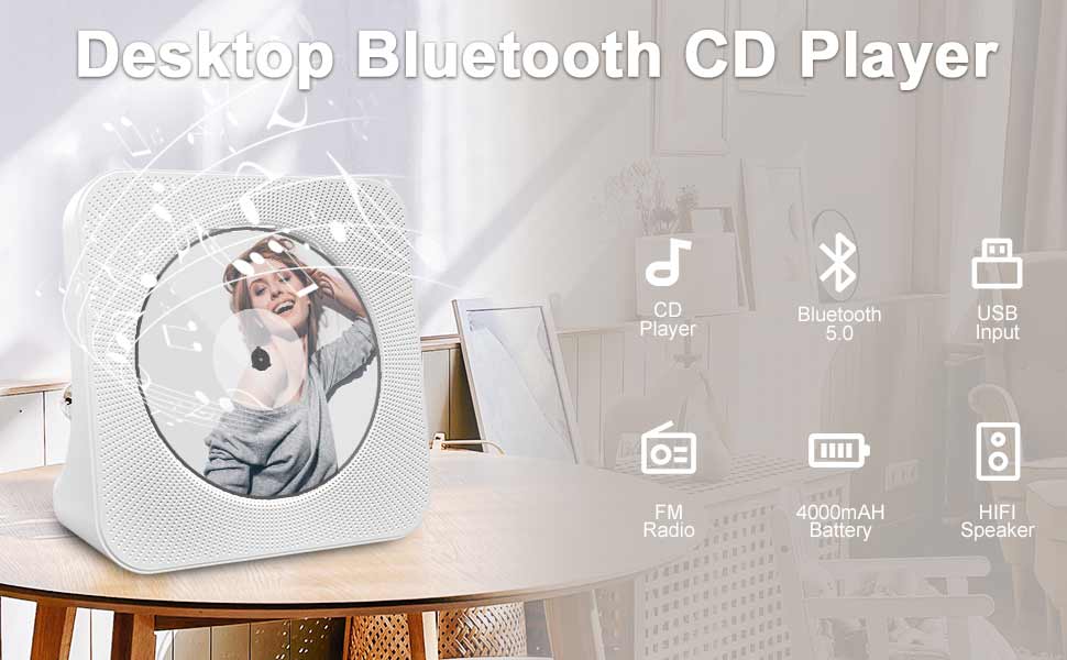 4000mAh Rechargeable CD Player with Bluetooth: Portable CD Music Player ...