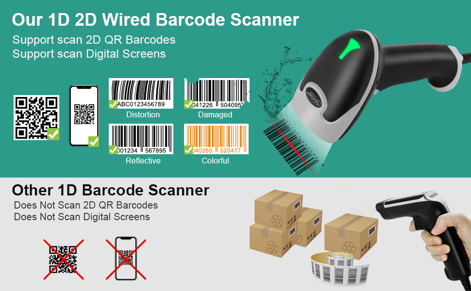 Amazon.com : JRHC Barcode Scanner, USB Handheld QR Code Scanner Wired Connection 1D 2D&PDF417 ...