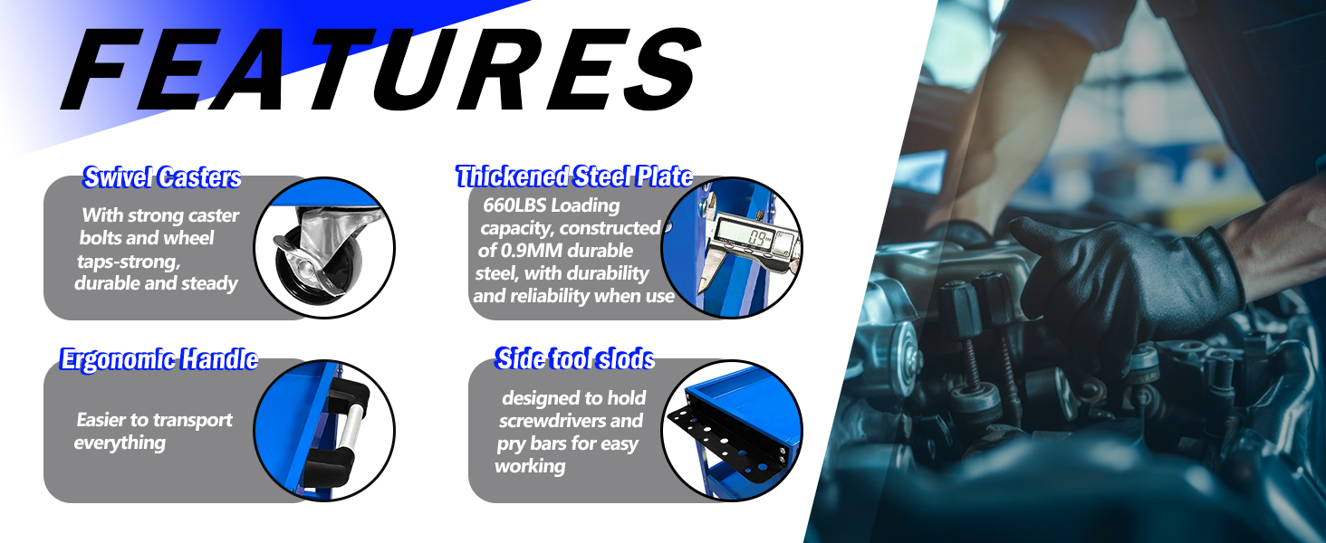 Amazon.com: FITHOIST 3-Tier Rolling Tool Cart, Thickened 660LBS Metal Mechanic Tool Cart on ...