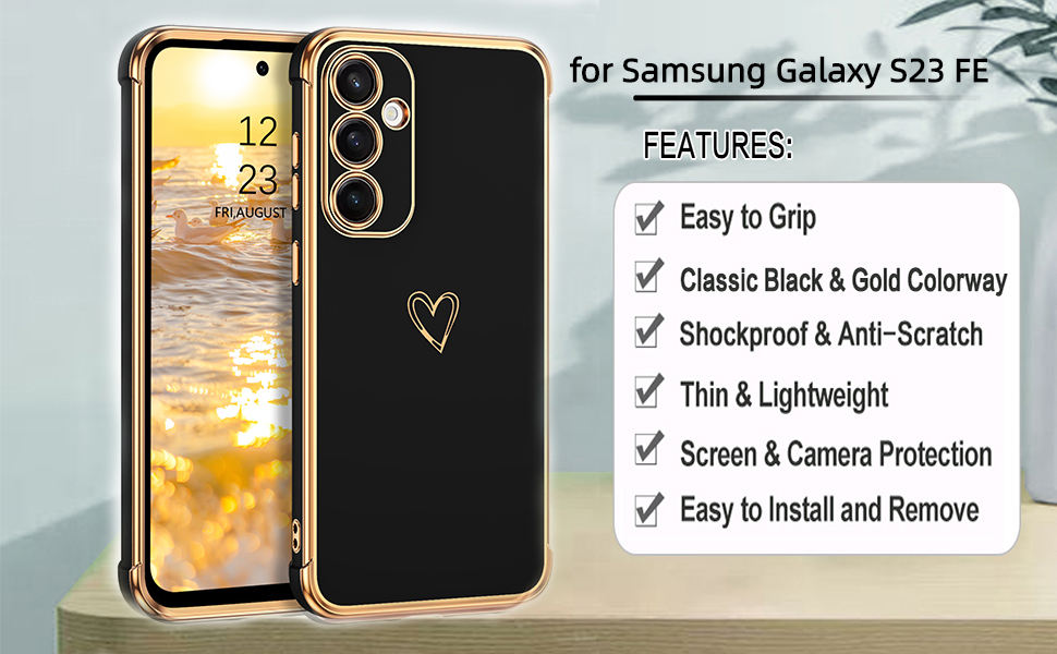 GUAGUA for Samsung Galaxy S23 FE Case Cute Luxury Love Heart Plating Cover Soft TPU Camera ...