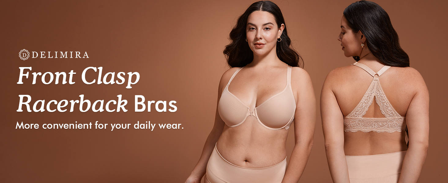 DELIMIRA Women's Front Closure Racerback Bra Sheer Mesh Plus Size Full Coverage Underwire ...