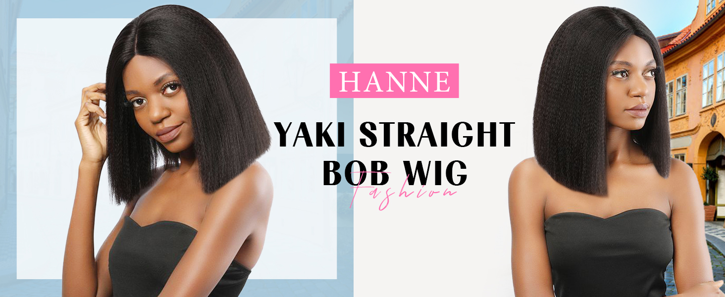 Amazon.com : HANNE Kinky Straight Wig for Black Women Short Bob Kinky Wigs 12 Inch Yaki Wigs ...