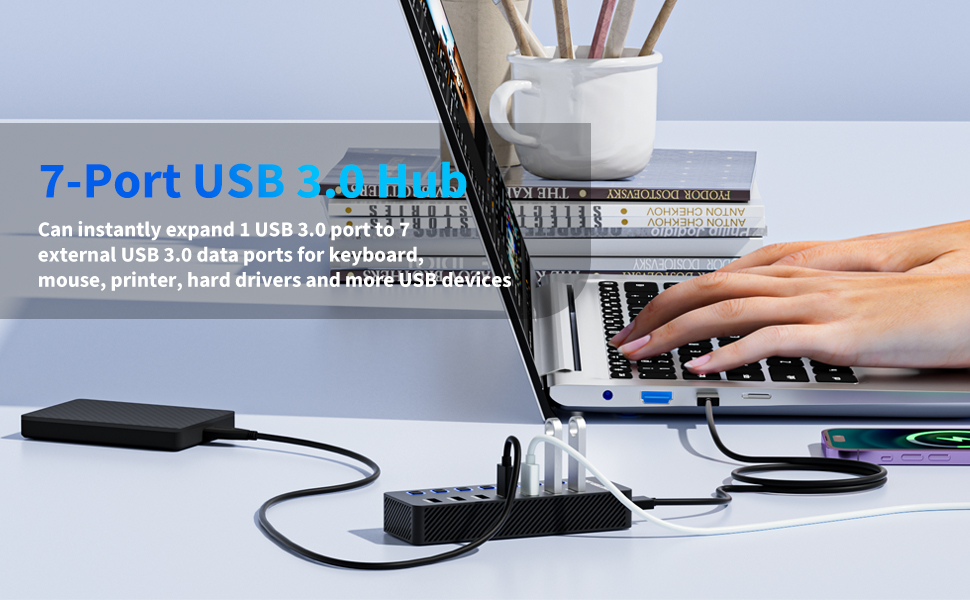 Likorlove USB Hub 3.0 mit verlängertem 100cm Kabel, Ultra dünn USB Hub auf 7 USB 3.0 mit ...