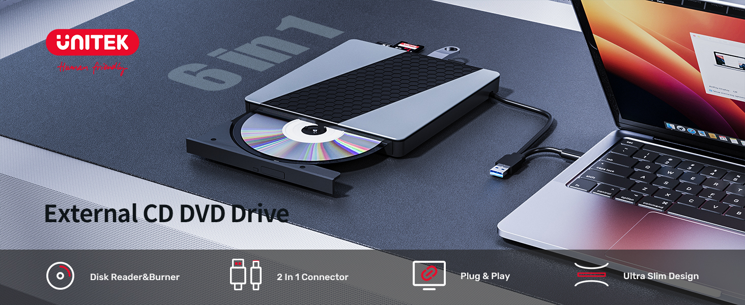Amazon.com: Unitek External CD DVD Drive, USB3.0/USB C 7-in-1 Portable CD DVD Player with Card ...