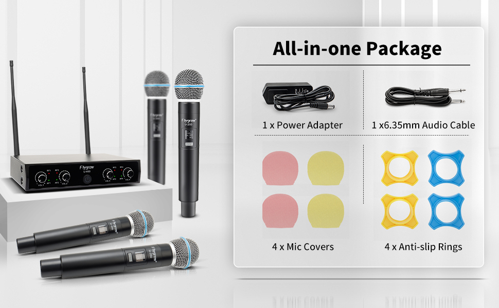 Amazon.com: Flygrow Pro Wireless Microphone System, 4 Channel UHF Wireless Mic, Fixed Frequency ...