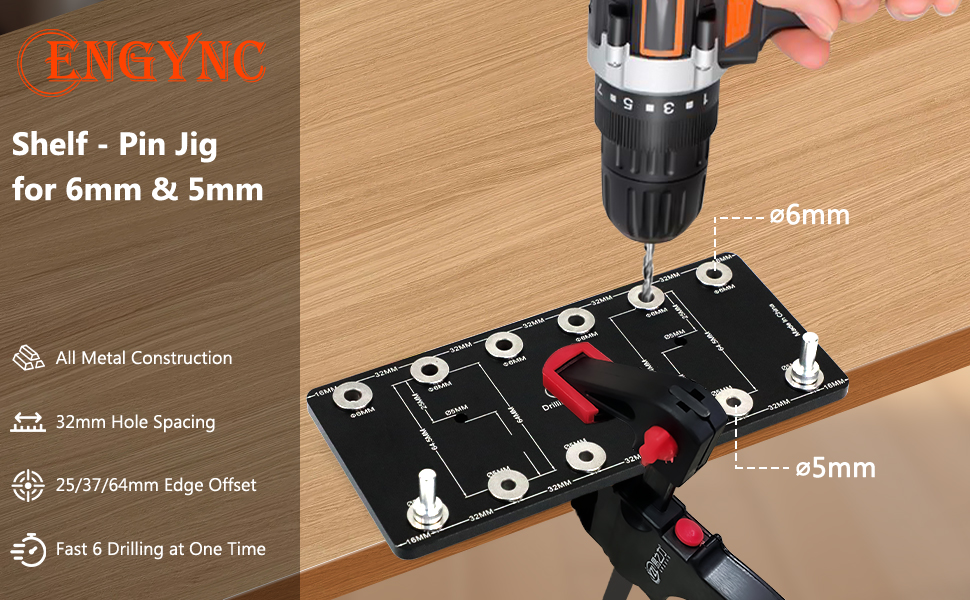 ENGYNC Shelf Pin Jig for 6mm & 5mm, Aluminum Alloy Shelf Pin Drilling Jig Drill Guide for ...