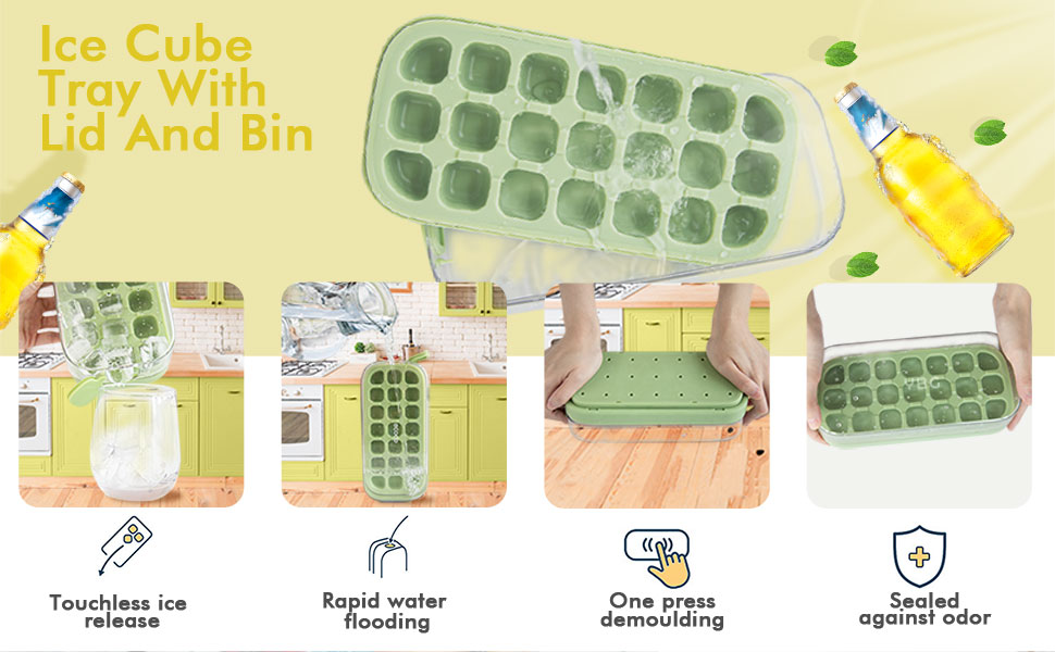 Amazon.com: Ice Cube Tray with Lid and Bin for Freezer - 21 pcs Silicone Ice Cube Mold, No Touch ...