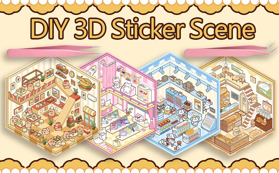 Amazon.com: 4 Sets DIY 3D Sticker Scene Isometric Miniature Room Stickers Therapy for Kids ...