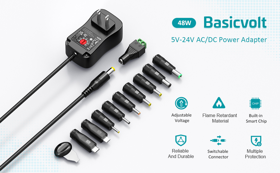 Amazon.com: Basicvolt 48W 5V 6V 9V 12V 15V 19V 20V 24V Universal Power Supply Adjustable Voltage ...
